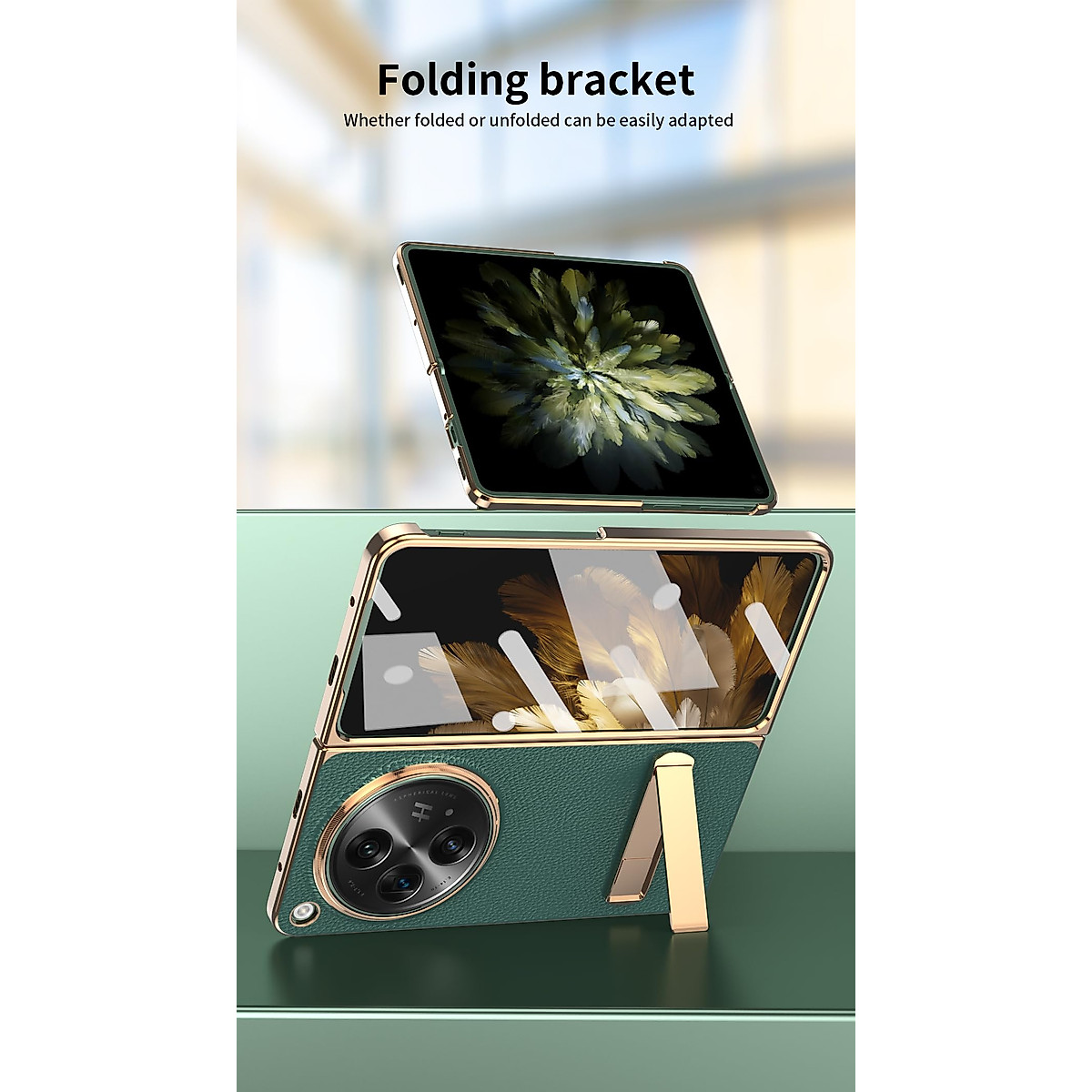 Mangix for OnePlus Open Case,Luxury Premier Genuine Leather,Full Body Hinge Protection,Built-in Screen Protector,Kickstand Drop Proof Protective Cover (Green)