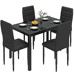 Lamerge Dining Table Set for 4, 5 Piece Kitchen Table Set with Tempered Glass Table Top and 4 Faux Leather Chairs,for Living Room,Dining Room,Kitchen,Small Space,Black (LDTS-GB)