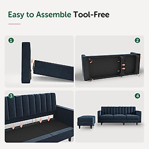 HONBAY Convertible L Shaped Sofa Velvet Sectional Couch with Reversible Chaise, L Shaped Couch with Ottoman for Small Living Room, Dark Blue