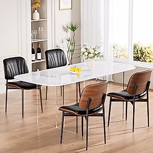 REONEY Dining Chairs Set of 2, Mid-Century Modern Upholstered PU Leather Chairs with Walnut Bentwood Back and Metal Legs Adjustable Feet for Kitchen Dining Room, Black Shell Strips