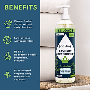 Puracy Laundry Detergent - Enzyme-Powered Liquid Laundry Detergent Concentrate, Natural Laundry Detergent Seen on TikTok, Non-Toxic (Free & Clear, 16 fl oz, 64 Loads)