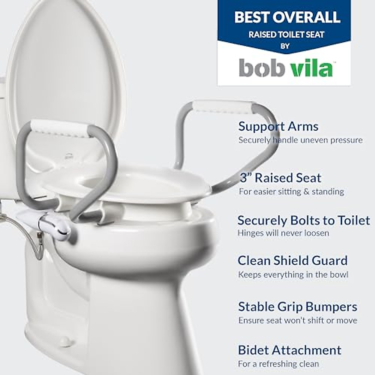 Bemis Assurance 3" Raised Toilet Seat with Handles and Bidet Attachment, Clean Shield Guard, Secure Hinges, Elongated, White