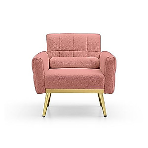 Penifun Teddy Accent Modern Side Gold Legs & Waist Pillow, Single Sofa Couch Armchair Reading Chairs for Living Waiting Room Bedroom Pink