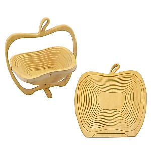 Natural Bamboo Foldable Fruit Basket 12“x11"- Collapsible Creative Apple Shaped Fruit Bowl Multifunction Heat Resistant Bamboo Trivets Pot Mat Hot Pan Pads for Kitchen Table