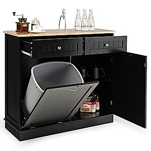 LOKO Tilt Out Trash Cabinet, Kitchen Trash Cabinet with 2 Drawers & Adjustable Shelf, Pet Proof Trash Can Cabinet with Rubber Wood Tabletop, 39.5 x 14 x 35.5 inches (Black)