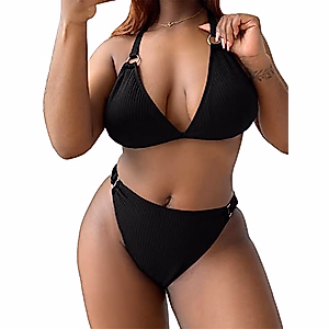 Floerns Women's Plus Size V Neck Triangle Bikini Set Ribbed 2 Piece Bathing Suit Black 2XL