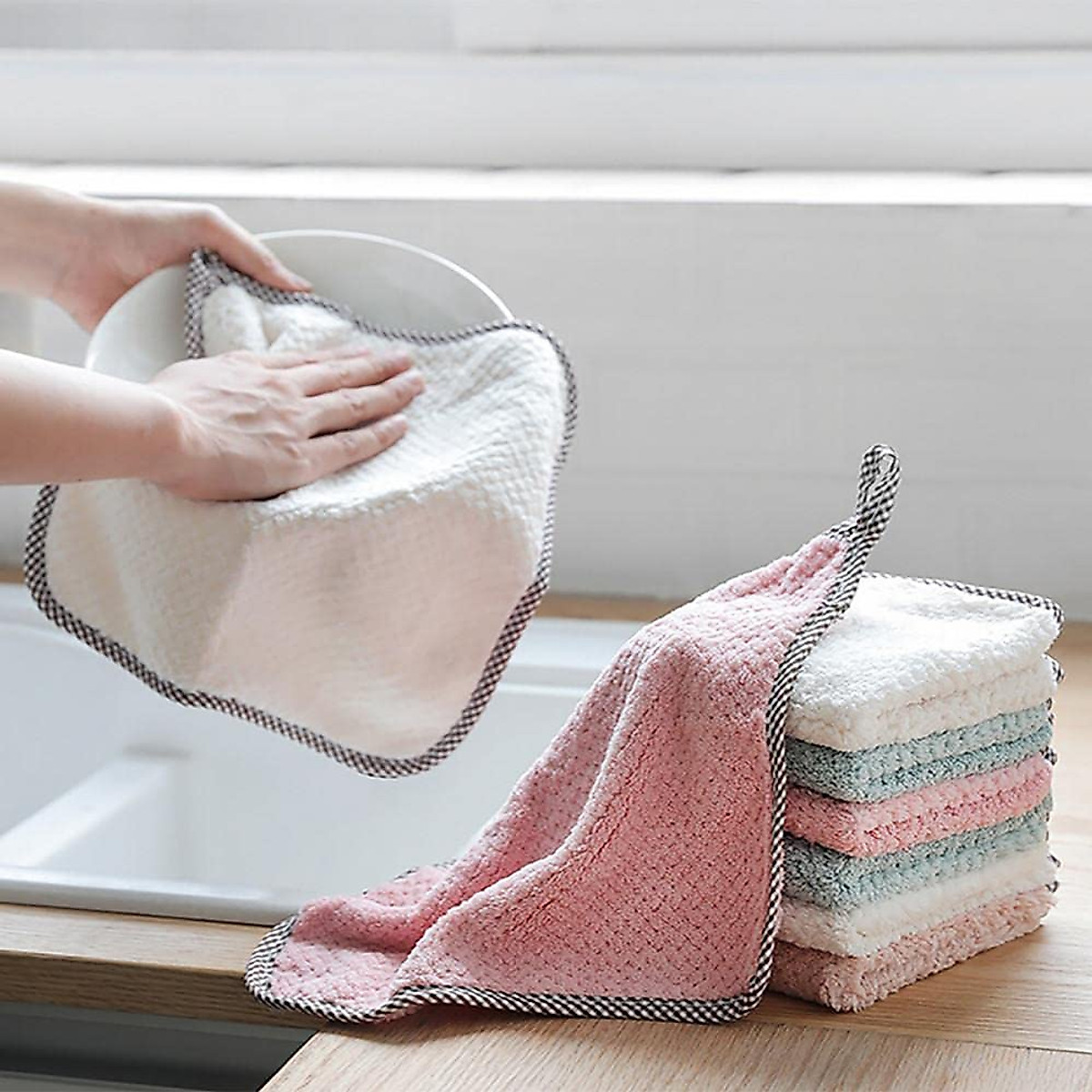 Zhenlik Coral Fleece Cleaning Cloths 1 Pack Kitchen Dishcloths Super Absorbent Nonstick Oil Washable Fast Drying Dishcloths, Pea Green