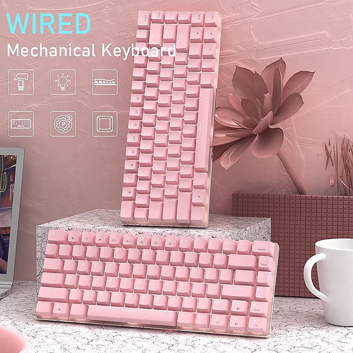 FELICON Pink Mechaincal Gaming Keyboard and Mouse Pad Combo Blue Switches USB Wired White Backlit Compact 82 Keys Anti-ghosting,Compatible with Windows PC Laptop Mac Game Office