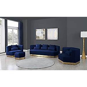 Meridian Furniture Marquis Collection Modern | Contemporary Velvet Upholstered Sofa with Stainless Steel Base in a Rich Gold Finish, 93" W x 38" D x 29" H, Navy