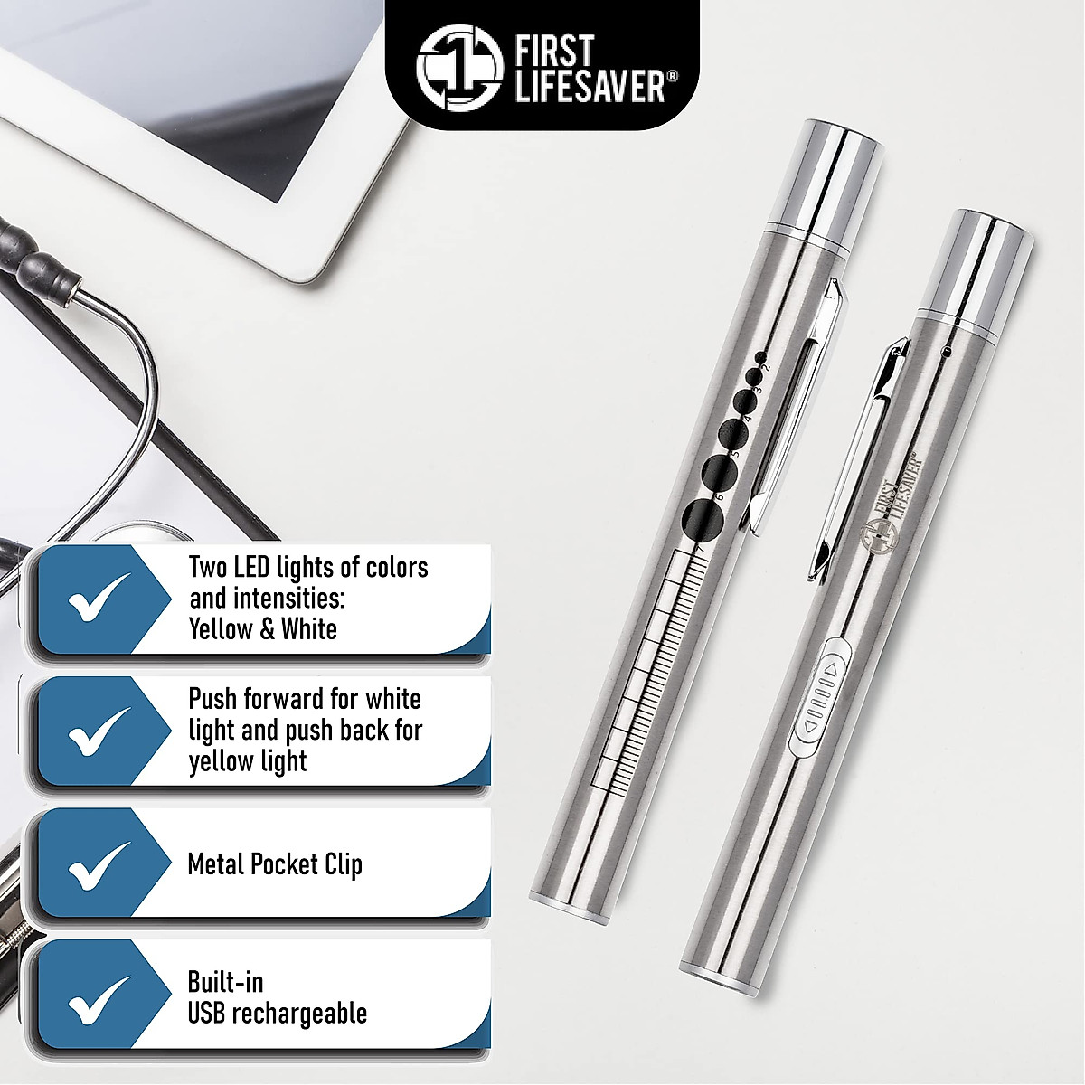 First Lifesaver Dual Beam LED Penlight for Nurses, Doctors, and Medical Professionals, Check Pupil Response, Ear, Nose, and Throat, Slim USB Rechargeable Flashlight (2 Sliver)