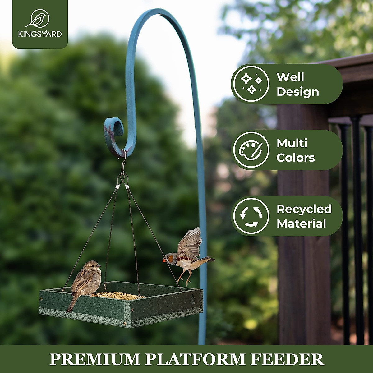 Kingsyard Platform Bird Feeder for Outside, Recycled Plastic Hanging Tray Bird Feeders with Large Capacity 3.5 lbs, Premium Quality & Durable, Great for Attracting Wild Birds, Green