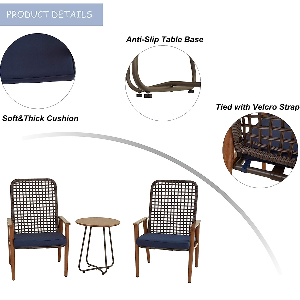 LOKATSE HOME Outdoor Patio 3 Piece Conversation Set Wicker Furniture 2 Cushioned Chairs and Side Table Modern Style, Blue