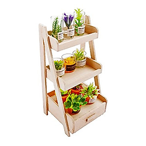 11 Pieces Miniature Wooden Bookshelf & Mini Potted Plants Set Vintage Mini House Furniture Mini Plant Shelf Kit for Miniature Fairy Garden Decoration