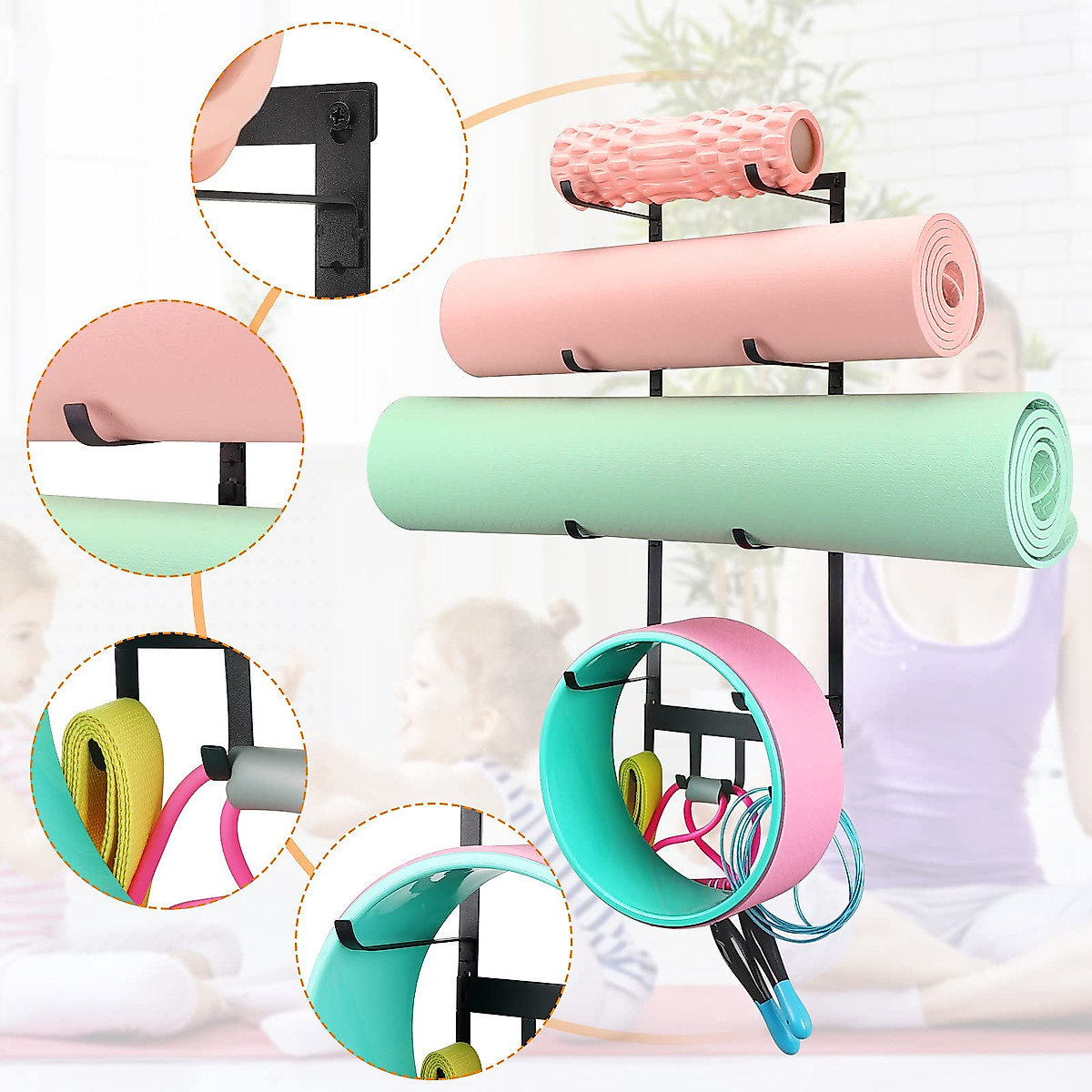 YiSeyruo Yoga Mat Holder Wall Mount: Yoga Mat Home Storage Organizer Rack Metal | Foam Roller Holder 4 Sections with 5 Hooks for Hanging Yoga Resistance Bands Equipment Accessories at Home Gym