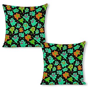Happy Halloween Cute Ghost Throw Pillow Covers 18×18 Pillowcases Set of 2 Green Glitter Linen Decorative Square Pillow Case Cushion Covers Standard Size for Sofa Couch Outdoor Bed Pillow Protectors