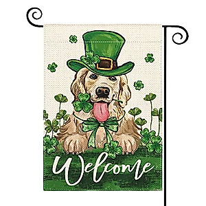AVOIN colorlife St Patricks Day Green Hat Dog Garden Flag 12x18 Inch Double Sided, Lucky Shamrock 17 March Welcome Yard Outdoor Flag