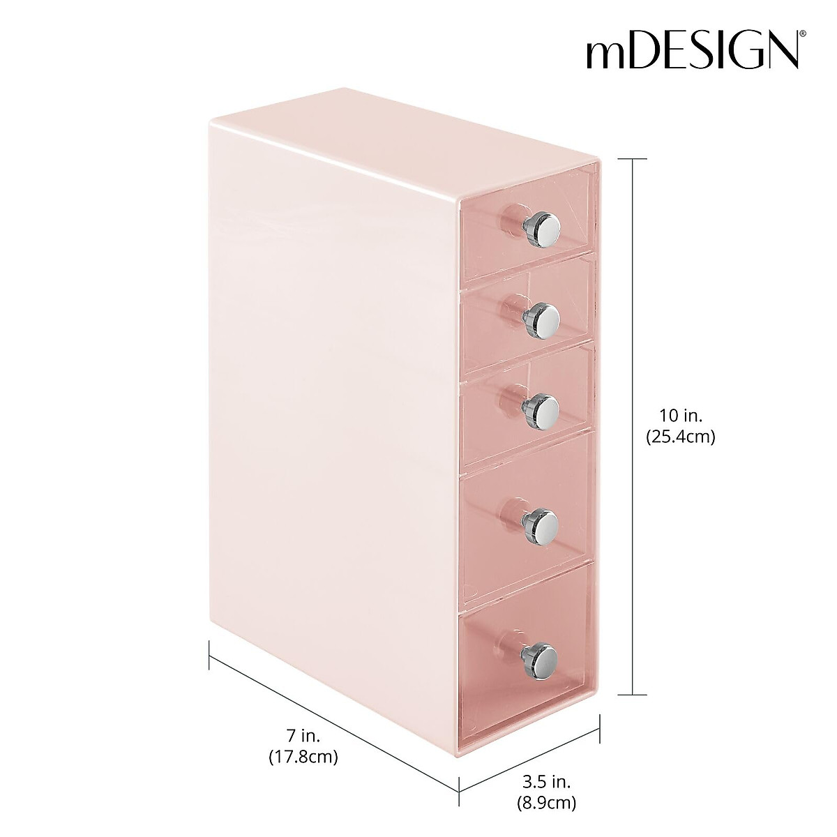 mDesign Plastic 5-Drawer Organizer for Makeup Storage - 5-Tier Storage Organizer - Stackable Organization with Pull-Out Drawers for Bathroom, Vanity, or Desk - Lumiere Collection, Light Pink/Clear