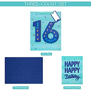 Loveinside Birthday Blue Gift Bag with Tissue Paper, Gift Tag and Greeting Card for Birthday, Party, Baby Shower and More - 10" x 5" x 13", 1 Pcs - 16 Years Old Birthday Boy