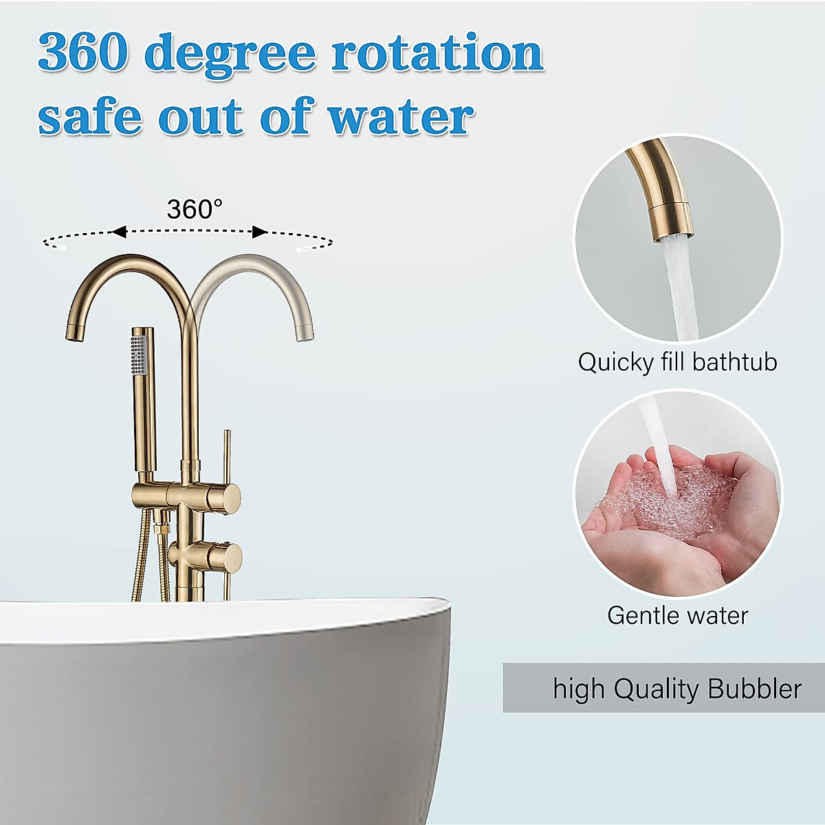 YAGATAP Freestanding Bathtub Faucet Floor Mount Tub Filler Brushed Gold High Flow Shower Faucets with Handheld Shower Mixer Taps Swivel Spout