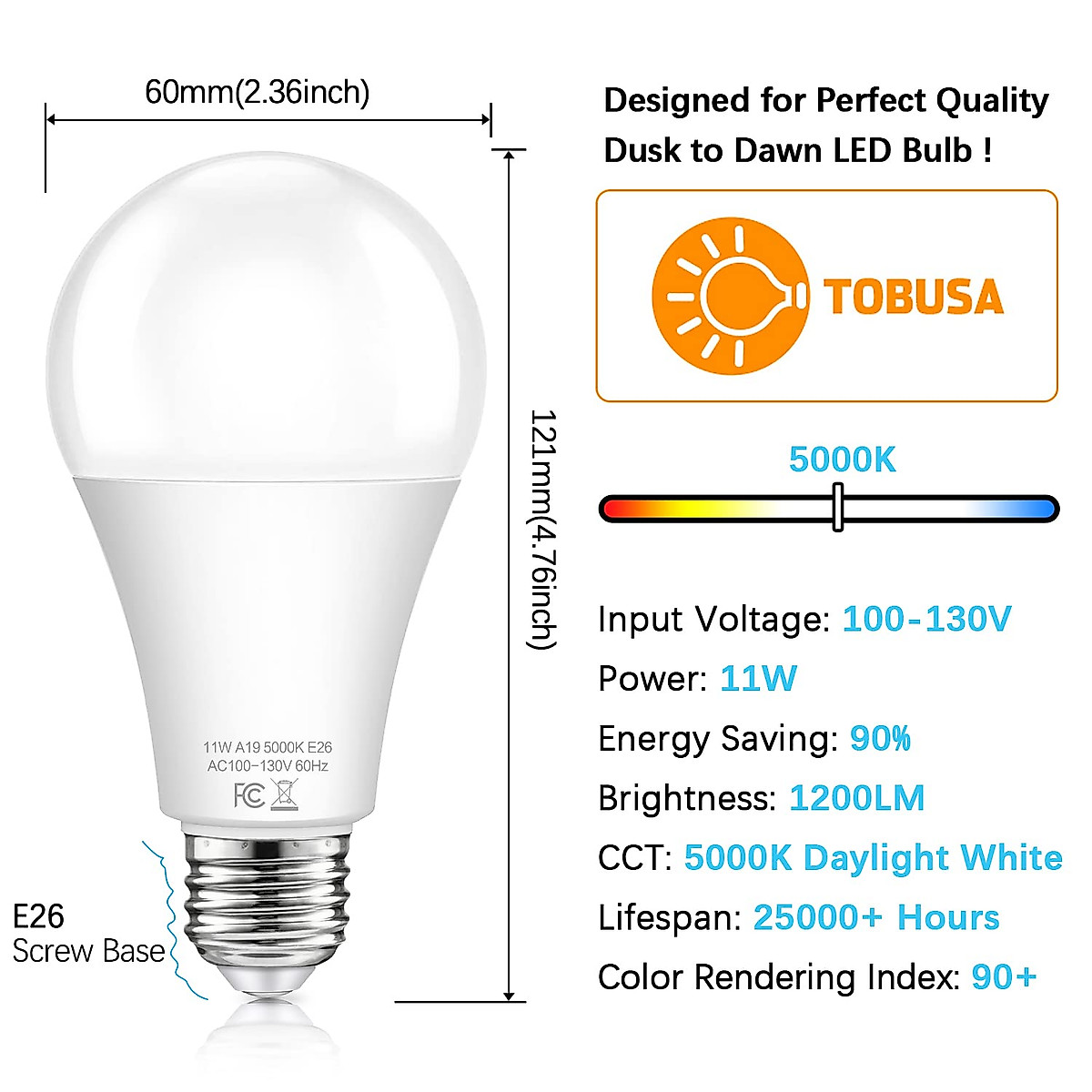 Dusk to Dawn Light Bulbs Outdoor 100 Watt Equivalent, 11W Automatic On/Off Sensor Light Bulb Daylight 5000K, A19 Outdoor LED Light Bulbs Photocell for Porch Garage Yard Security, E26 Base, 4-Pack