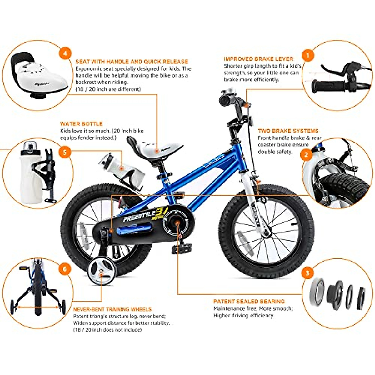 Royalbaby Freestyle Dual Handbrakes Kids Bike 14 Inch Toddlers Learning Bicycle with Training Wheels for Boys Girls Beginners Age 3-5 Years, White