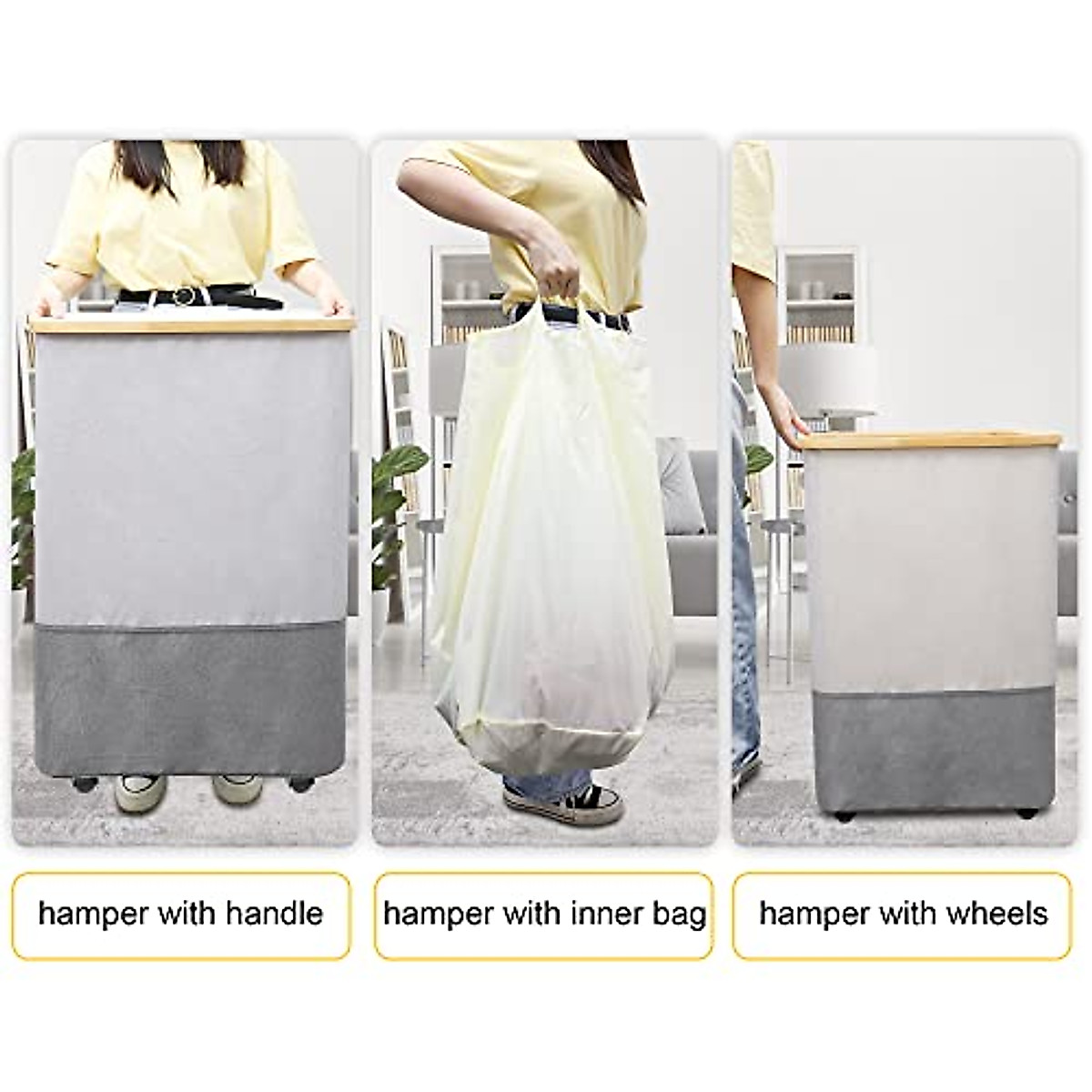 Large Laundry Hamper with Wheels, Collapsible 105L Laundry Basket with Lid for Apartment, Easy Transport Laundry Organizer with Bamboo Handle (Gray)