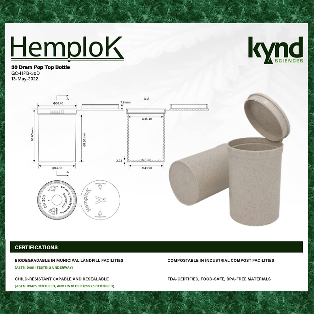 Pop Top Containers by HemploK | 500 Pack of 30 Dram Airtight Storage Containers with Child Resistant Lid | Hemp-Plastic Reusable Waterproof Smell Proof Containers | 7 g [1/4 oz] Pop Top Pill Bottles