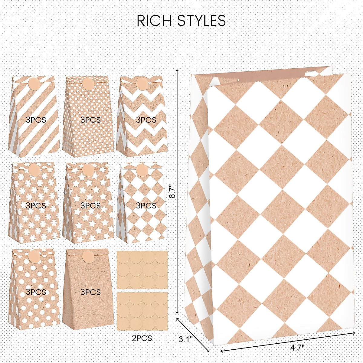 Shindel Paper Lunch Bags, 24PCS Party Favor Bags, 4.7" x 3.1" x 8.7" Goodie Bags with Stickers Lunch Paper Bags Polka Dot Striped Treat Bags For Kids Birthday Wedding Party