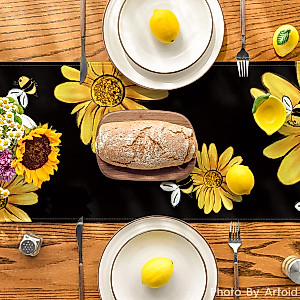 Artoid Mode Bee Sunflower Table Runner Black, Seasonal Spring Summer Flowers Holiday Kitchen Dining Table Decoration for Home Party Decor 13 x 72 Inch