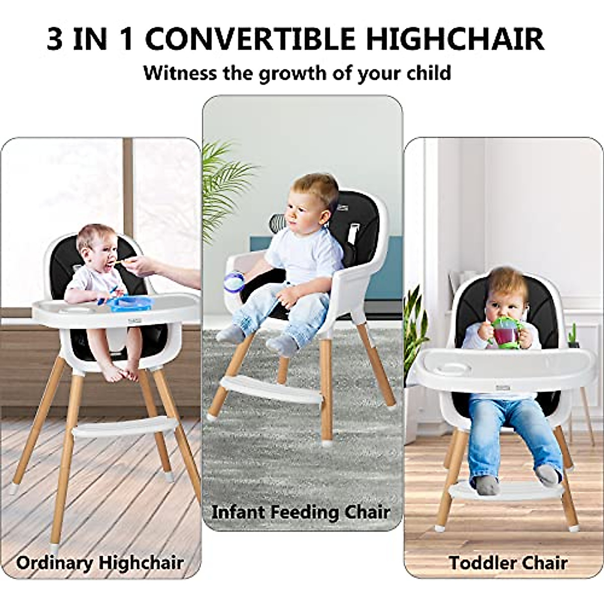 Kinder King 3 in 1 Convertible Baby High Chair, Wooden Highchair w/Double Removable Tray, Infant Feeding Chair-Toddler Chair, Adjustable Legs, Detachable Footrest & PU Cushion, 5-Point Harness, Black