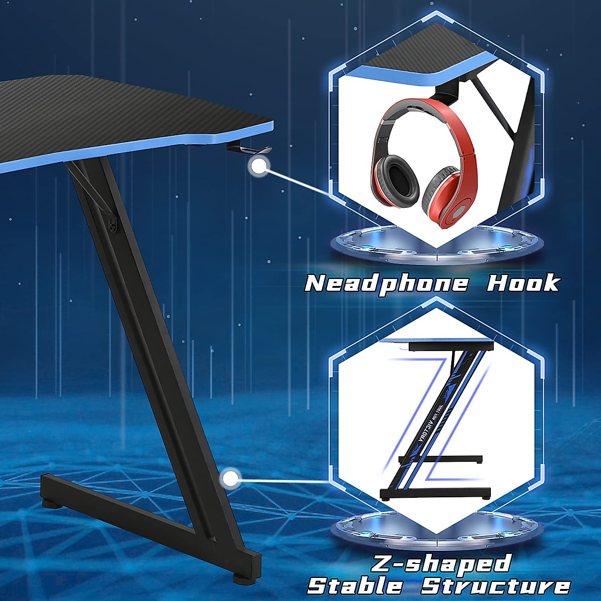 Gaming Desk 39.4 inch Z-Shaped Computer Desk PC Computer Table Home Office Desk Ergonomic Gamer Workstation with Headphone Hook, Blue