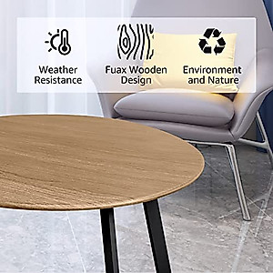 Meluvici Patio Coffee Table, Weather Resistant Outdoor Side Table Waterproof Round Metal Steel Large Table for Garden, Faux Wood Grain Table Top