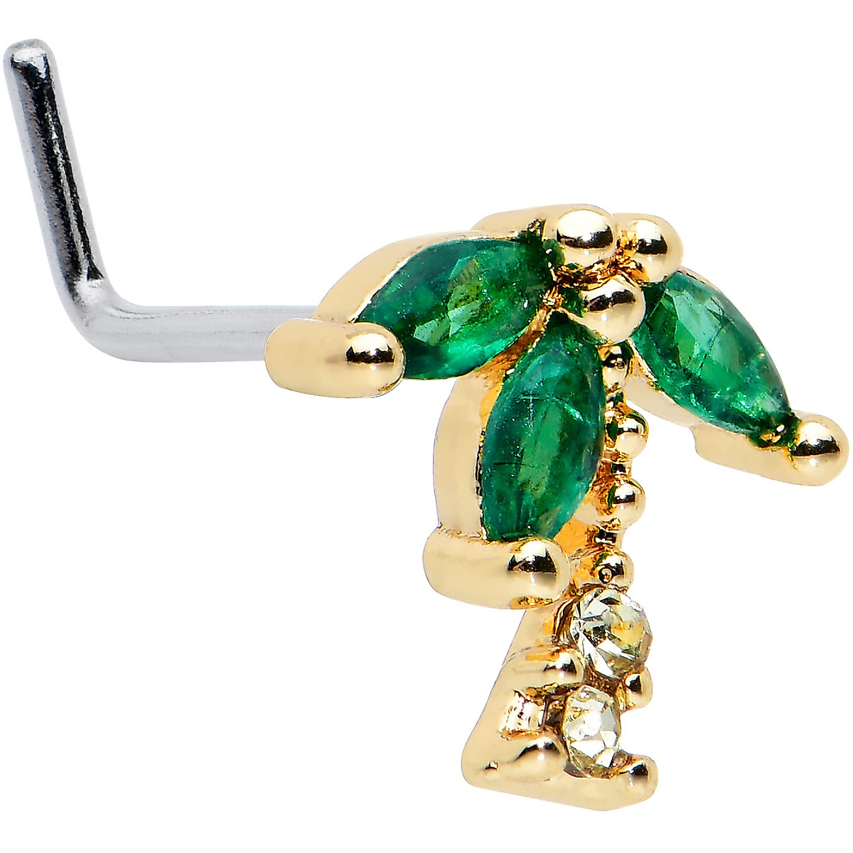 Body Candy Womens 20G Steel L Shaped Nose Ring Green Accent Palm Tree Nose Stud Body Piercing Jewelry 7mm