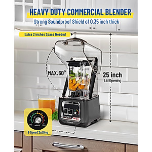 CRANDDI Professional Smoothie Blender, 2200W Commercial Soundproof Quiet blender with Removable Soundproof Shield for Crushing Ice, MilkShakes, Puree, Self-Cleaning, 50oz 110V K80 (Grey)