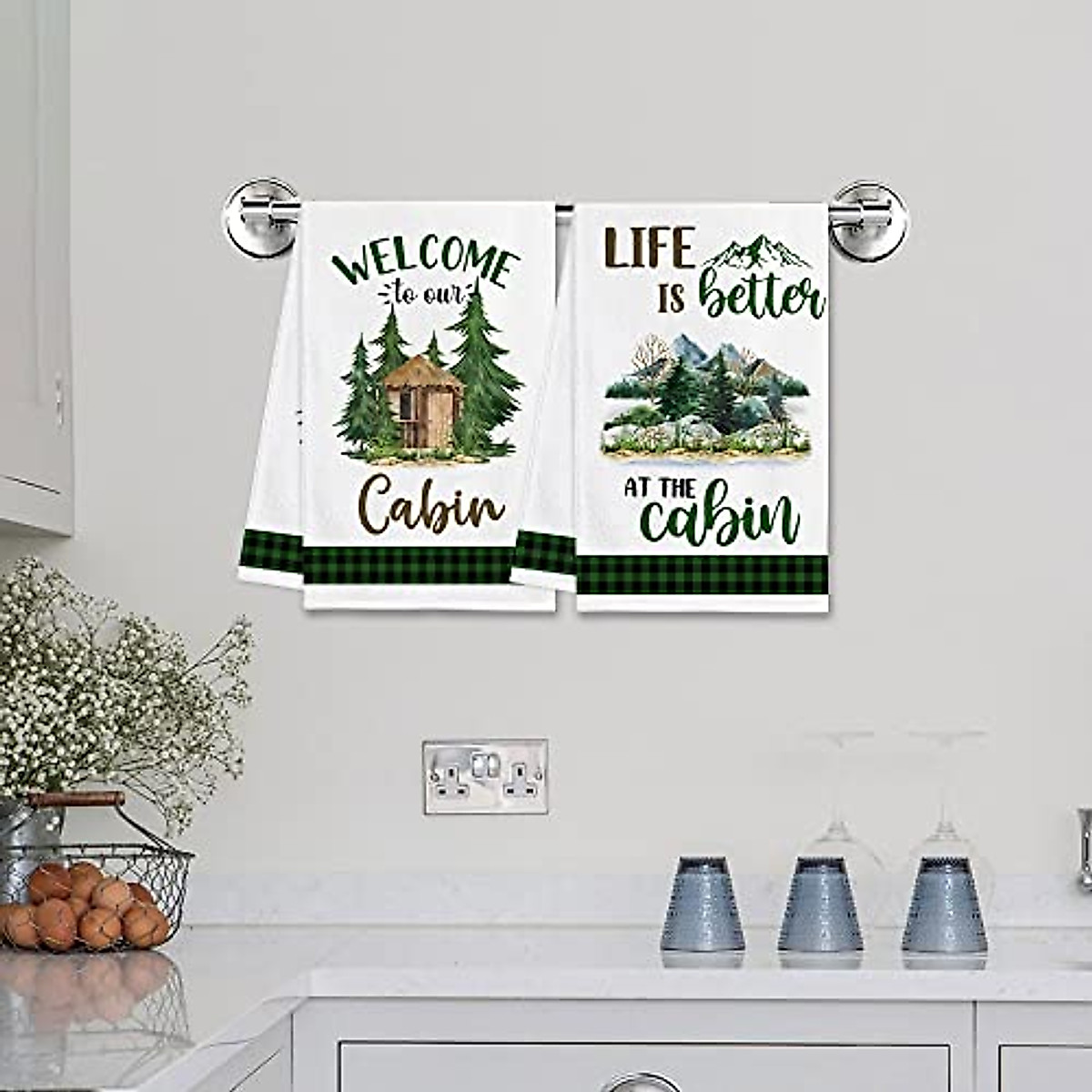 Hexagram Cabin Decor, Cabin Kitchen Towels Set of 4, Farmhouse Bear Deer Tea Towels, Log Cabin Decor, Rustic Decorative Hand Towels for Kitchen, New Home Housewarming Gifts