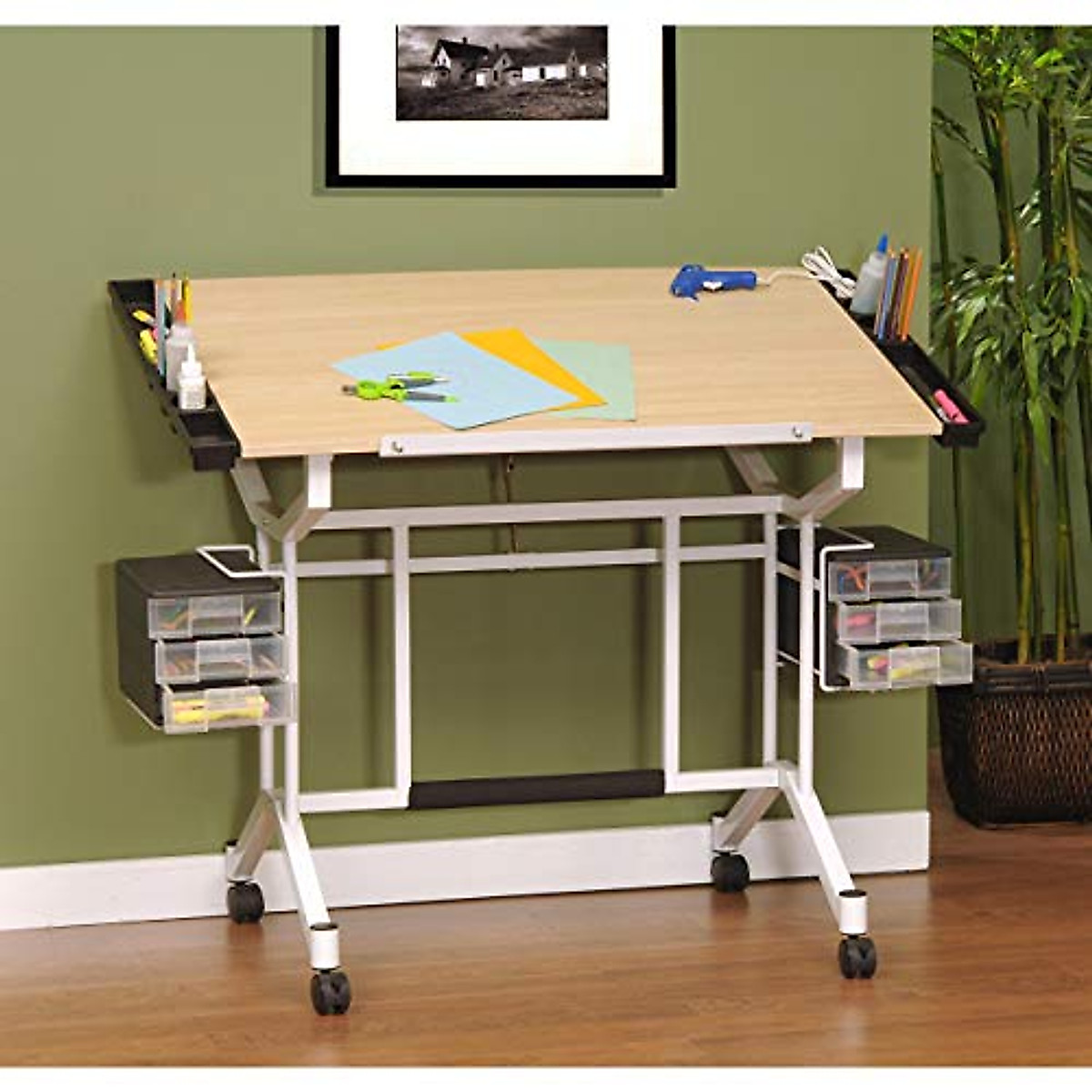 Studio Designs Pro Craft Station with Casters, Tilting Top, and Storage in White/Maple
