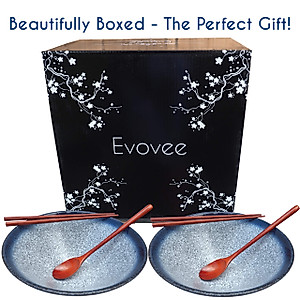 Evovee Japanese Ramen Bowls and Spoons Set 60 oz Ceramic Extra Large Asian Noodle Bowls Ramen Bowls and chopsticks and spoons set of 2 Japanese Bowls Pho Bowl Ramen Bowl Set 9 inch Blue