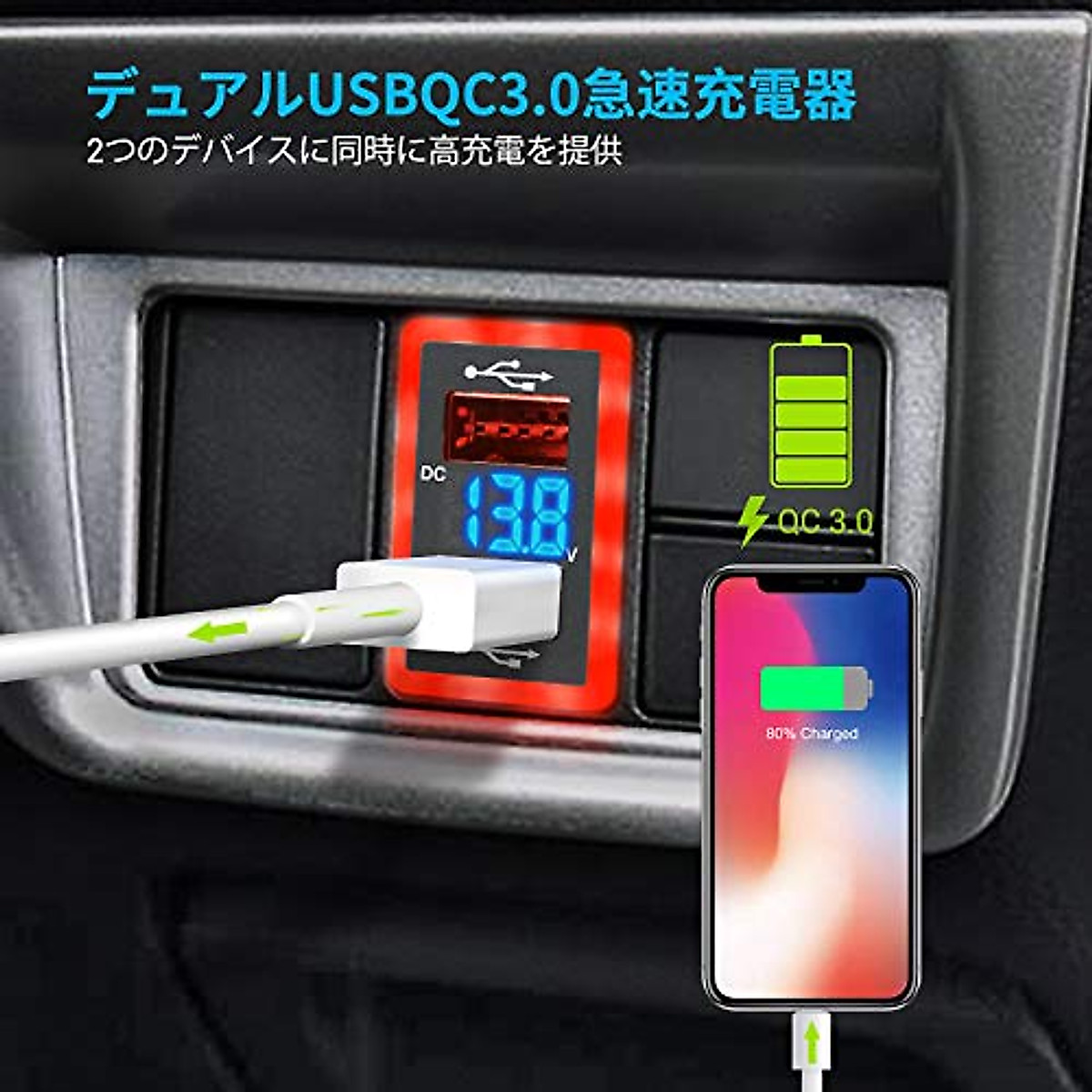 MICTUNING Upgraded Dual USB Port 6.4A QC3.0 Quick Charger with Blue LED Digital Voltmeter Replacement for Toyota, Compatible with Cellphone iPad PDA Laptop GPS (Surface Size 1.3 x 0.9 inches)