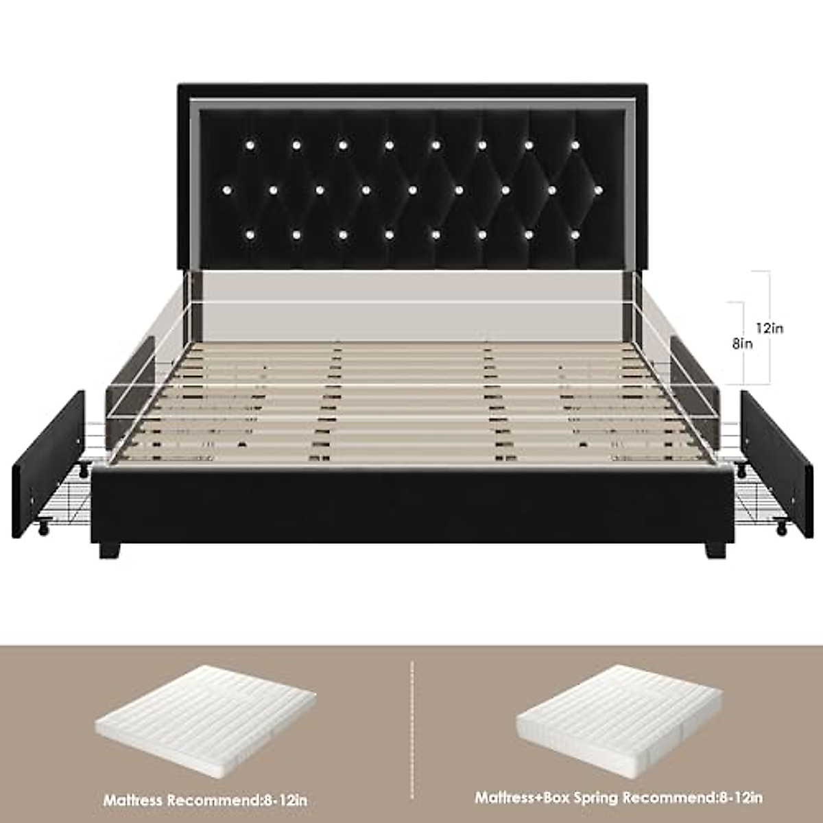 HITHOS Queen Size Bed Frame with 4 Storage Drawers and Adjustable Headboard, Modern Upholstered Platform Bed with Wood Slat Support, Diamond Button Tufted Design, No Box Spring Needed (Black, Queen)