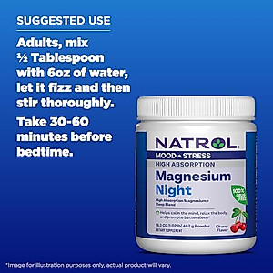 Natrol Mood + Stress High Absorption Night Magnesium Carbonate and Magnesium Glycinate 325mg with a Blend of Glycine, GABA, Lemon Balm and Melatonin, 16.3 OZ Cherry-Flavored Powder, 60 Day Supply