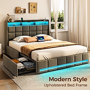 Rolanstar Queen Size Bed Frame with LED Lights and Charging Station, Upholstered Bed Storage Headboard & Drawers, Heavy Duty Wood Slats, Easy Assembly