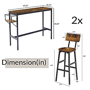Hosnnile Bar Table Set for 2 with Folding Wine Holder, Pub Bistro Dinning Table and Stools with Backrest, Counter Height Bar Table Set for Apartment, Kitchen, Small Space