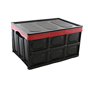Dependable Industries inc. Essentials Collapsible Storage Box Foldable Utility Bin with Lid for Home Storage Office Auto Trunk Organization - Black with Red - 100's of Uses