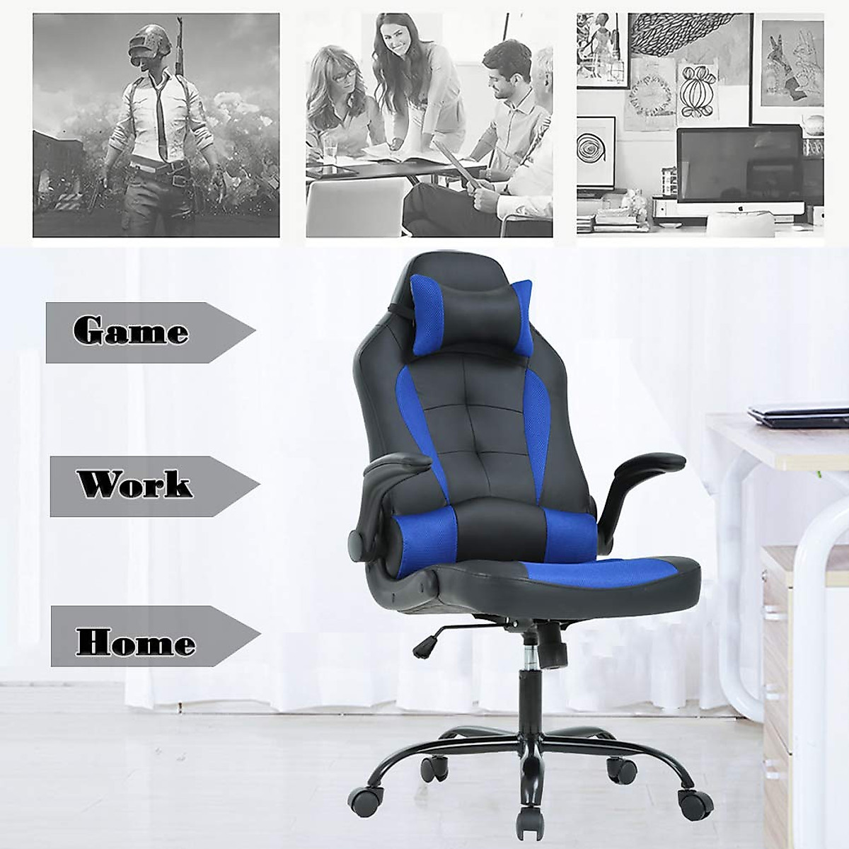 Gaming Chair Office Chair Desk Chair with Lumbar Support Flip Up Arms Headrest PU Leather Swivel Rolling Adjustable High Back Racing Computer Chair for Women Men Adults,Blue