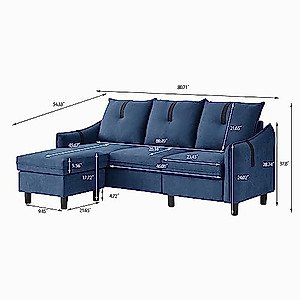 Pingliang Home 80" Sectional Sofas for Living Room, 3 Seat L Shaped Couch with Reversible Ottoman, Modern Linen Fabric Small Sectional Couch for Apartment Small Space, Navy Blue