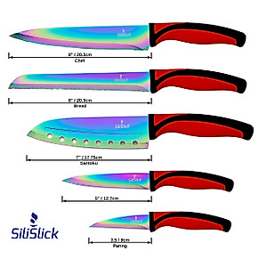 SiliSlick Kitchen Knife Set Professional, Titanium Coated Stainless Steel Blades, Dishwasher Safe, Safety Sheaths, 5 Knives