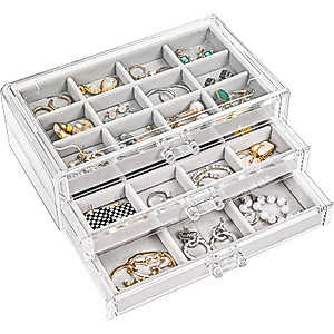 ProCase Earring Holder Organizer Jewelry Box with 3 Drawers, Acrylic Clear Earring Case with Adjustable Velvet Trays for Women - Grey, 3 Layers