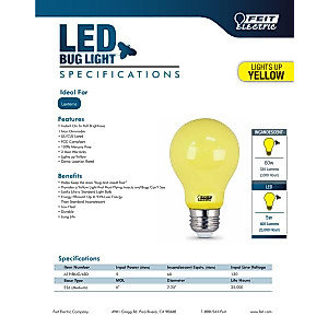Feit Electric A19/BUG/LED Outdoor Bug Light 60-Watts Equivalent Non-Dimmable LED Light Bulb, E26 Medium Base, Yellow, Pack of 1
