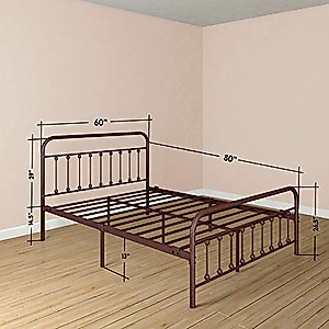 AMBEE21 Vintage Queen Metal Bed Frame with Headboard and Footboard Platform/Wrought Iron/Heavy Duty/Solid Sturdy Metal Slat/Rustic Brown/No Box Spring Needed/Industrial & Farmhouse