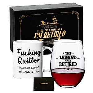 PUGED Unique Retirement Gift for Men Gifted Package Set 11 oz Coffee Mug and 18 oz Stemless Wine Glass Funny Male Retired Idea Goodbye Gift for Coworkers Office, Grandpa, Dad and Husband